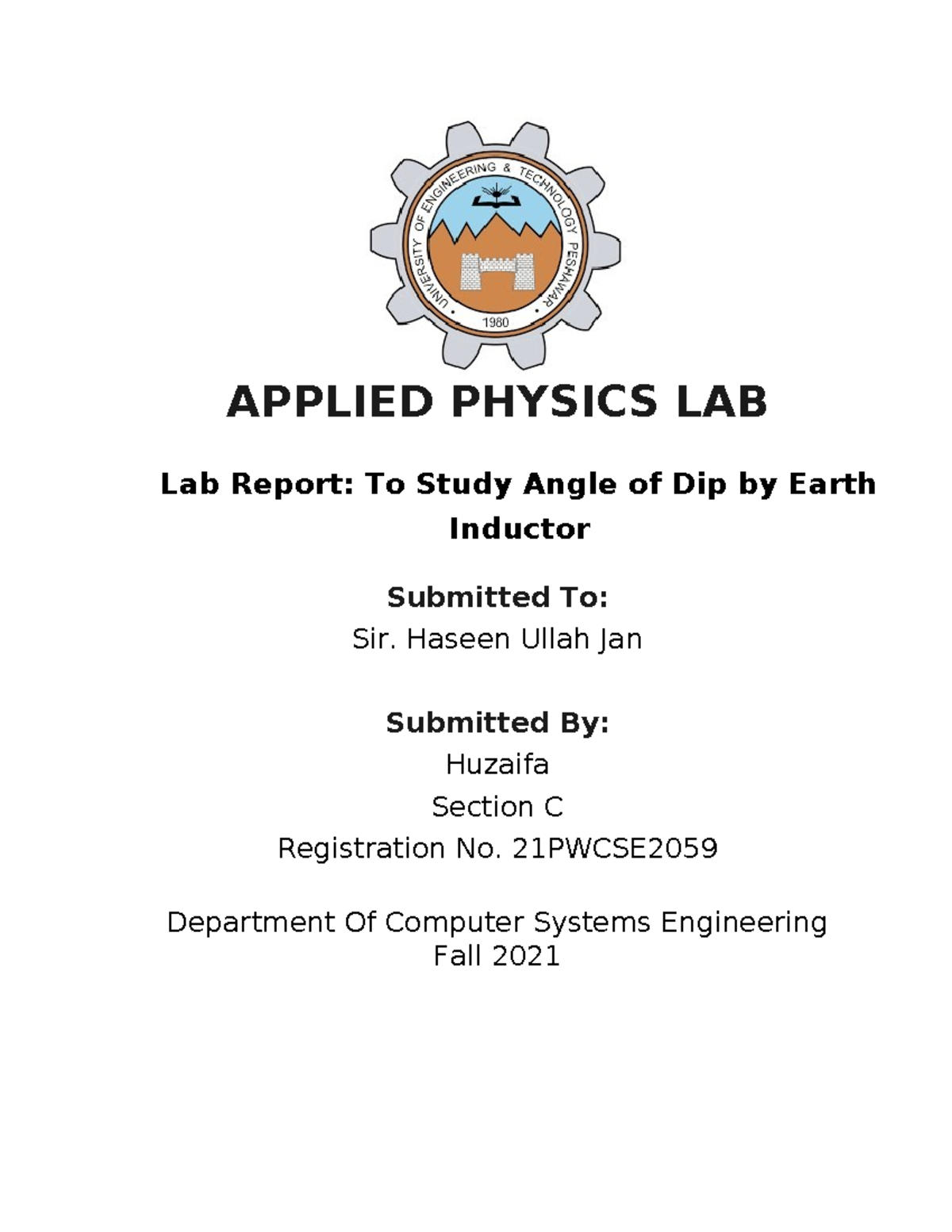 Applied Physics Lab Report: Angle of Dip Study with Inductor - CSE ...