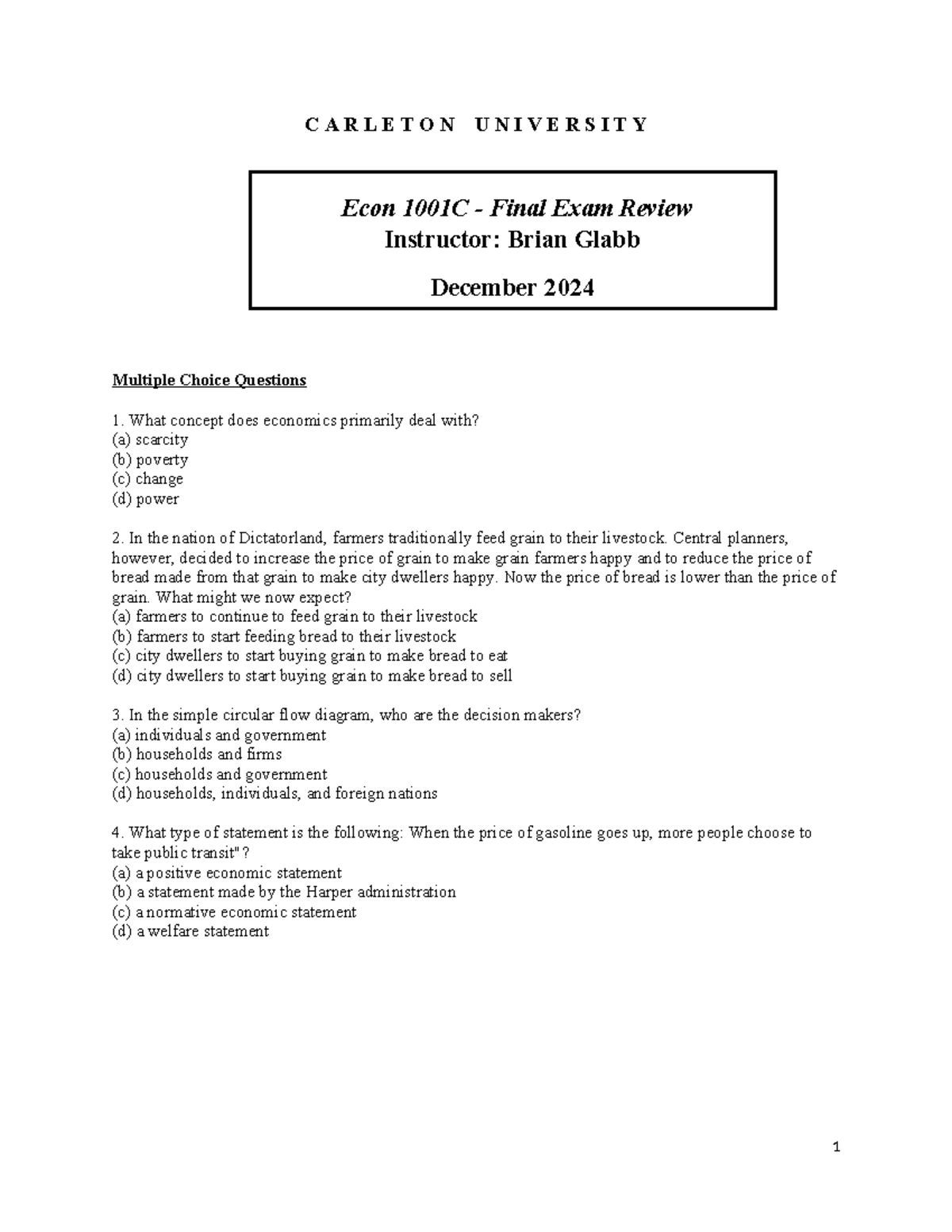 Econ 1001C Final Exam Review Guide - Key Concepts & Questions - Studocu