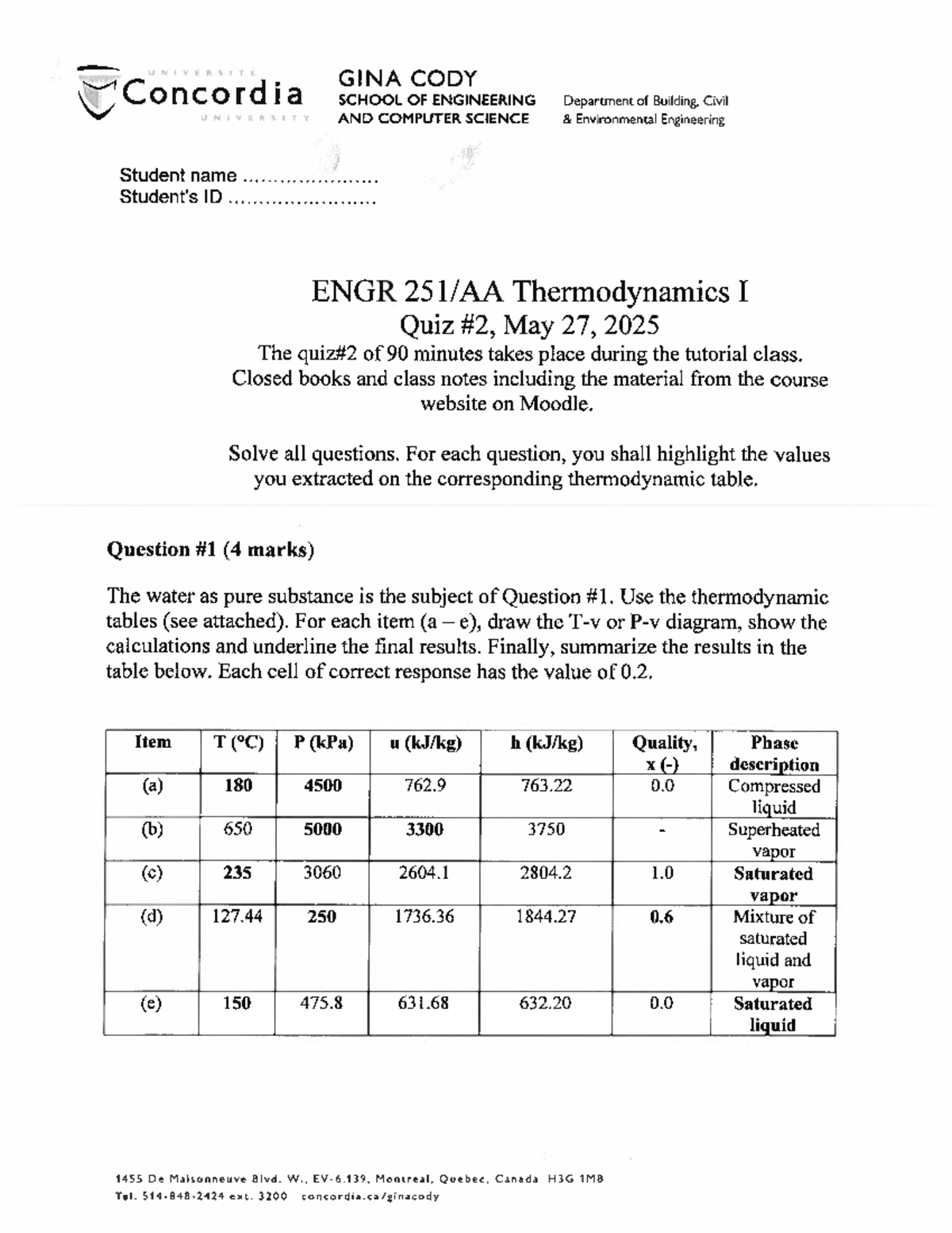 ENGR 251 - Quiz #2 Solutions for Thermodynamics I - June 2025 - Studocu