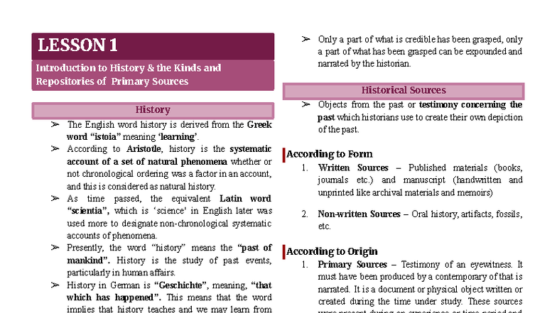 RIPH111 - Lesson 1: Introduction to History and Primary Sources - Studocu