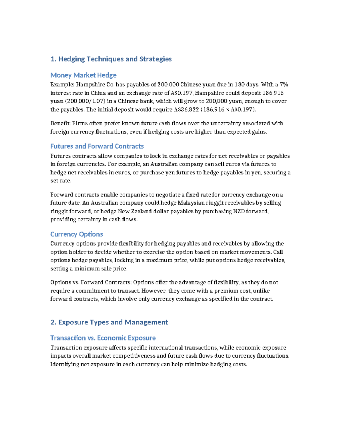 Reorganized Exam Notes - 1. Hedging Techniques and Strategies Money ...