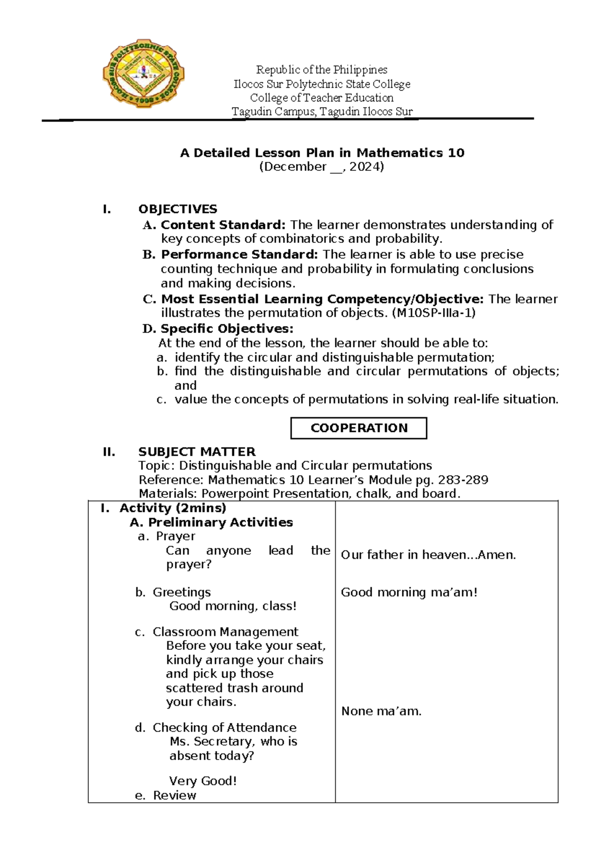 Detailed Lesson Plan in Math 10: Distinguishable & Circular ...