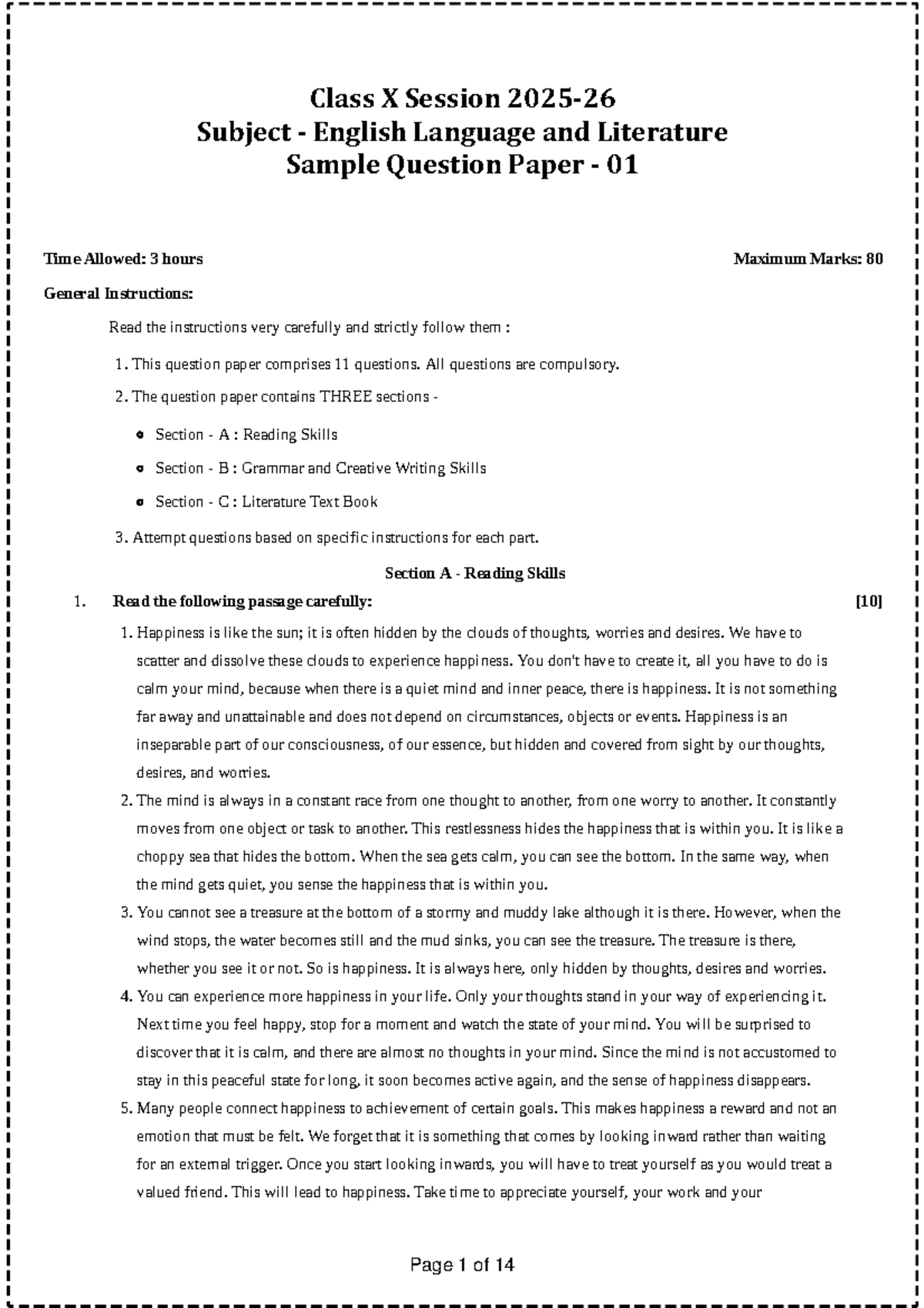Class X English Language & Literature Sample Question Paper 01 - Studocu