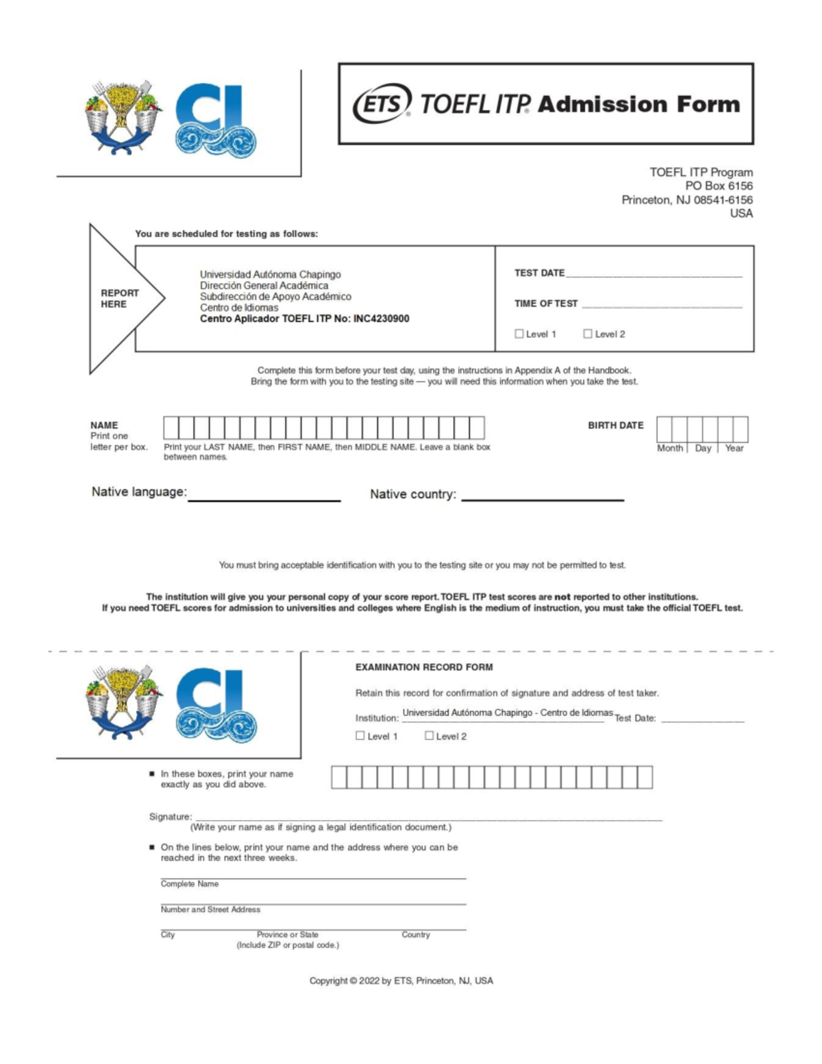 TOEFL ITP Admission Form for Universidad Autónoma Chapingo - Studocu