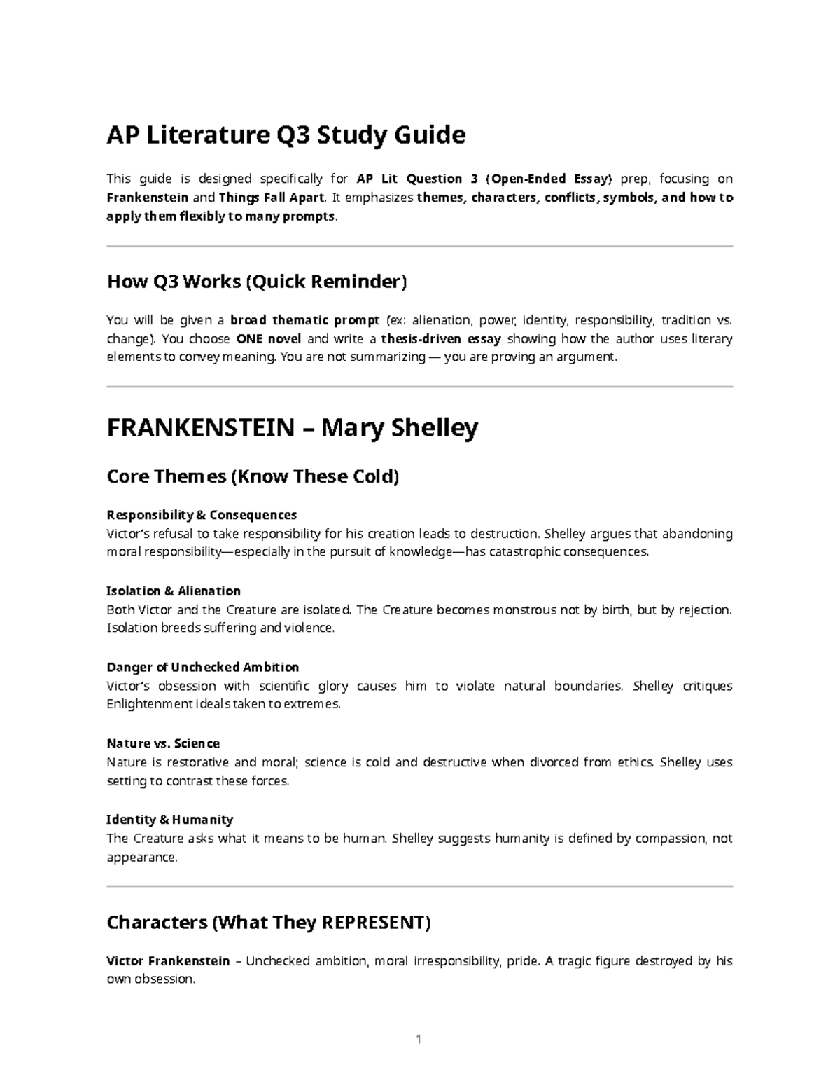 AP Literature Q3 Study Guide: Analyzing Frankenstein & Things Fall ...