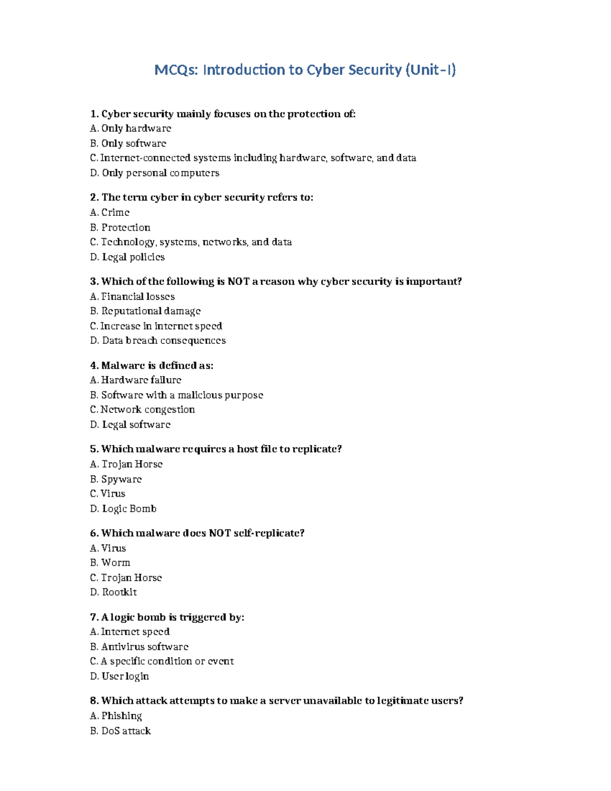 Unit 1 MCQs: Introduction to Cyber Security - Studocu