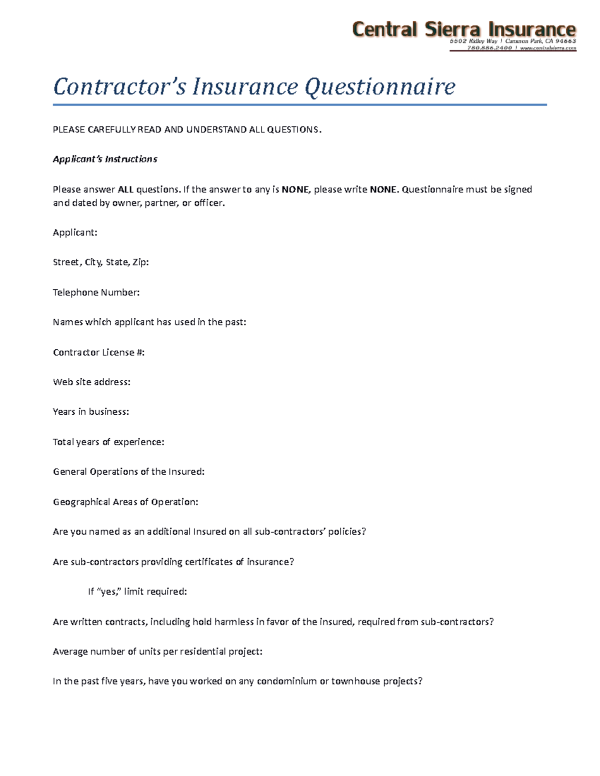 Contractor Insurance Questionnaire Template - 2023 Edition - Studocu