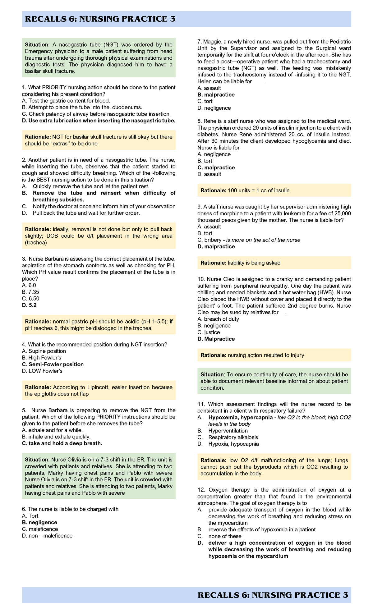 NP III - MedSurg Nursing Practice 3 - Situation: A nasogastric tube ...