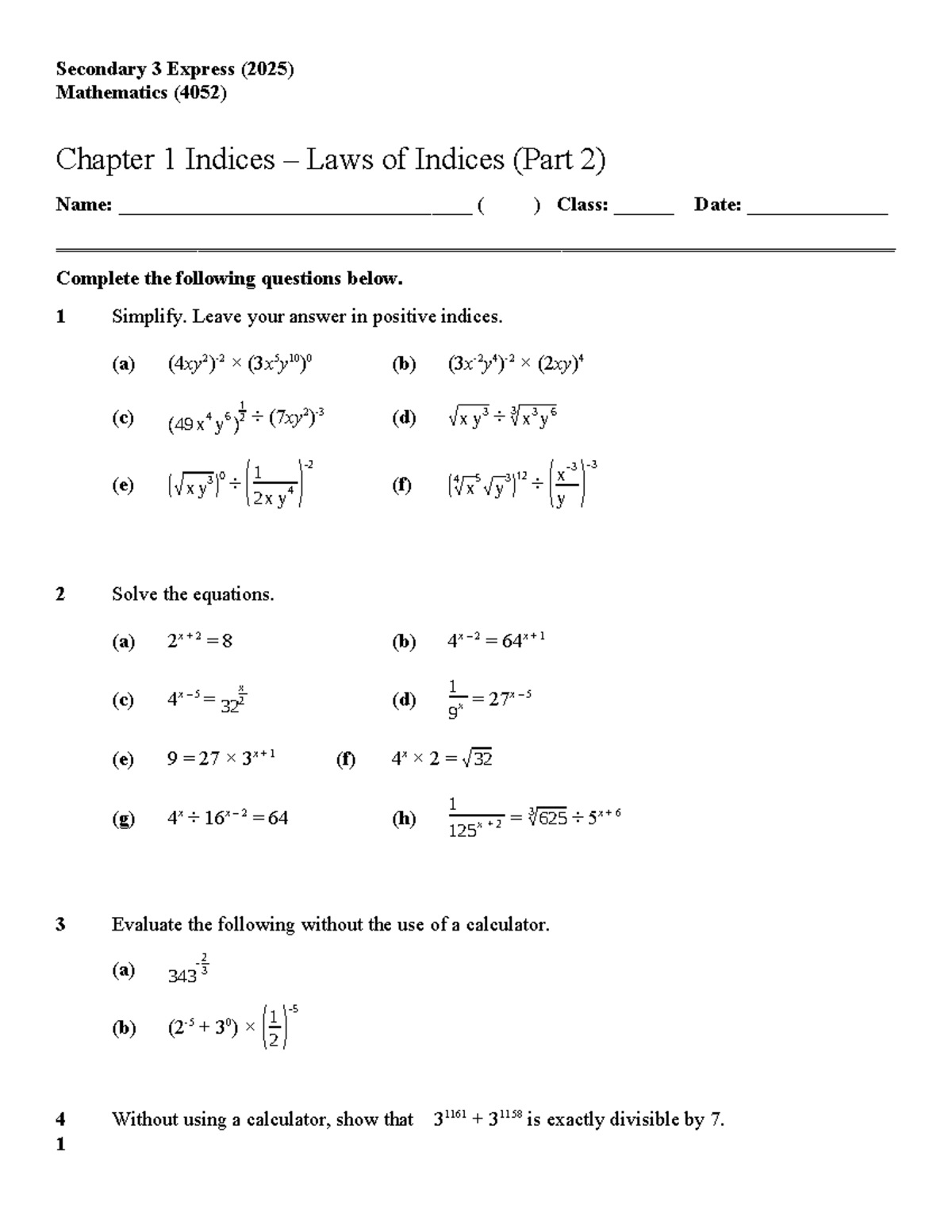 Sec 3E Math - Chapter 1 Indices Laws of Indices 2 (2025) - Secondary 3 ...