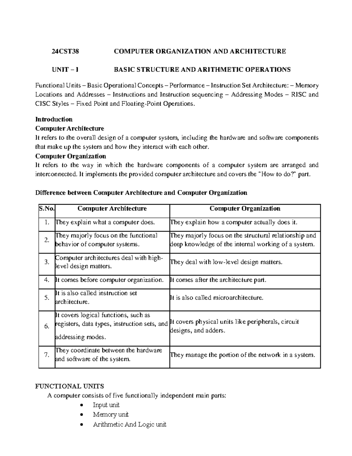 COA CE UNIT-1: Fundamentals of Computer Organization & Architecture ...