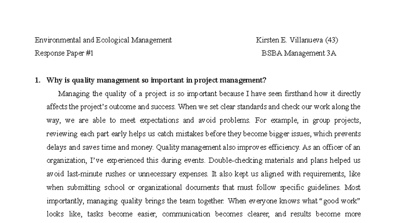 Response Paper: Importance of Quality Management in Project Management ...