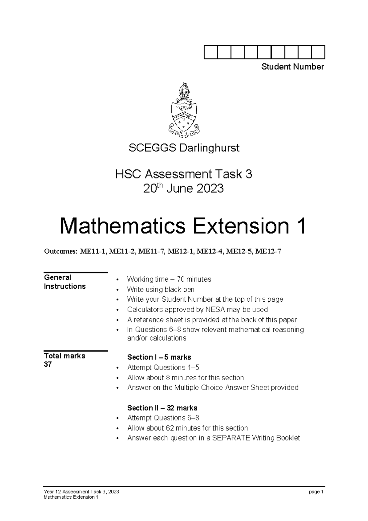 Year 12 HSC Assessment Task 3: Mathematics Extension 1 (2023) - Studocu