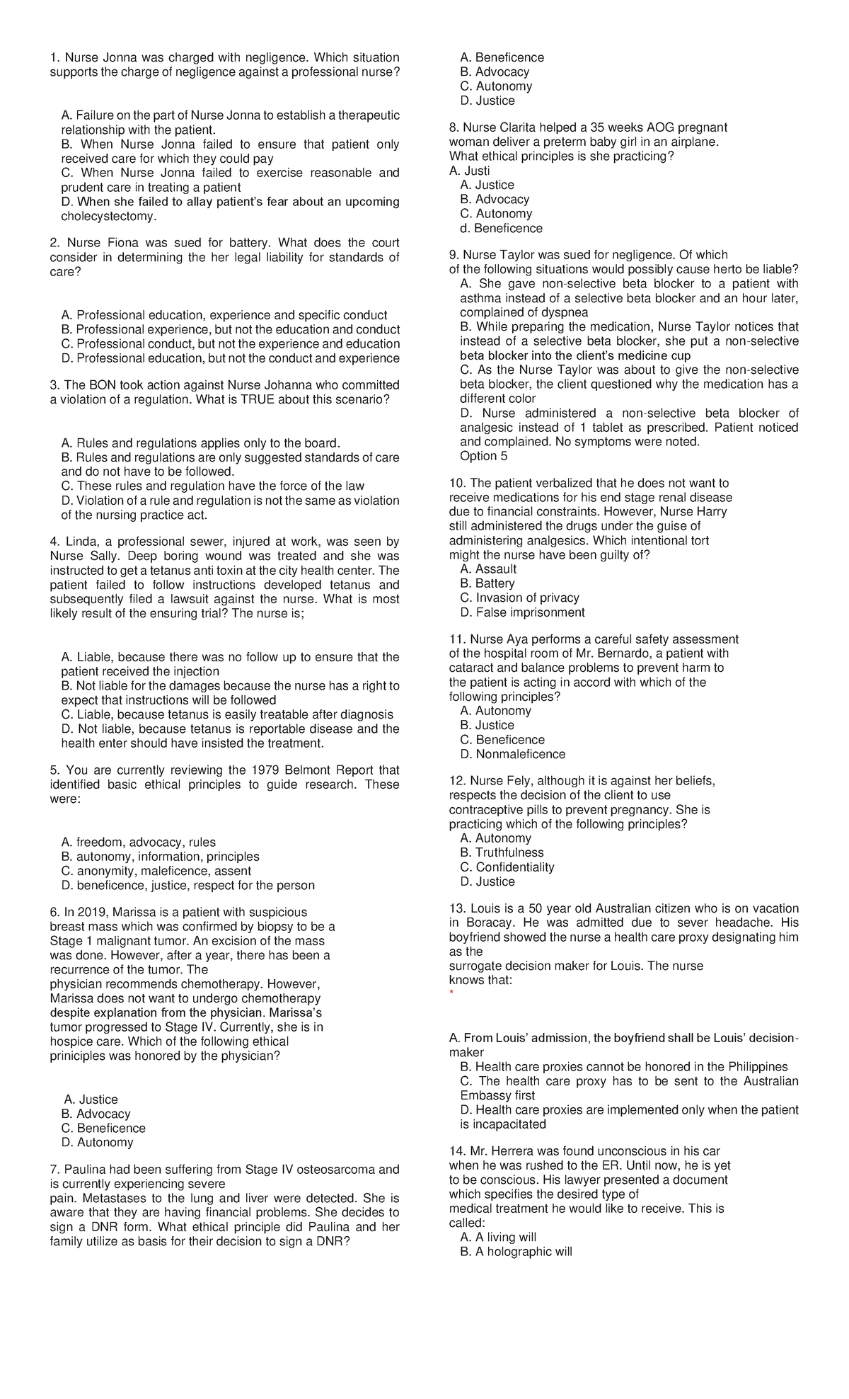 Nursing Ethics and Legal Standards: Notes for NURS 123 Midterm Exam ...