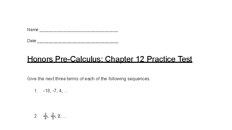 HPC Chapter 12 Practice Test: Sequences and Series - Studocu