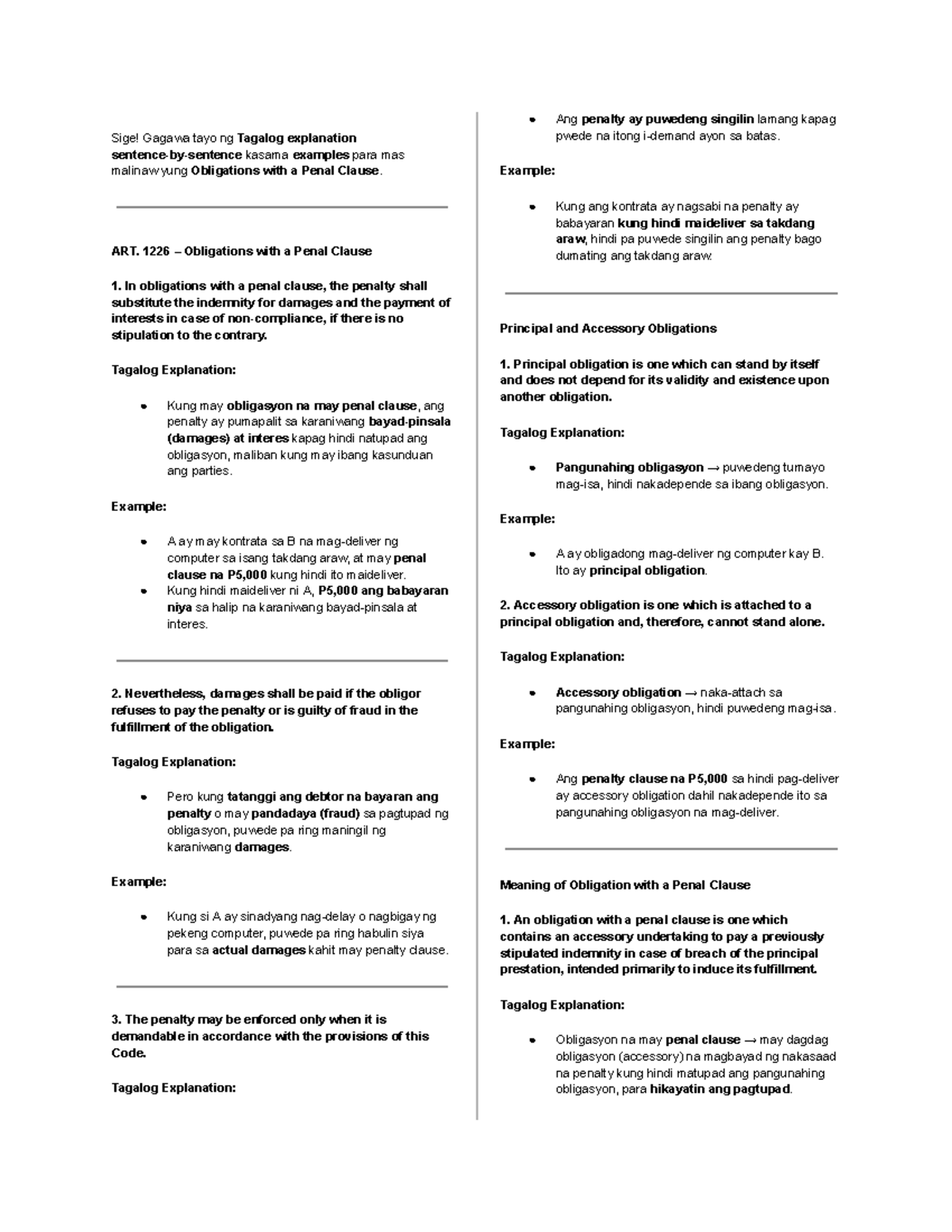 Obligations with Penal Clause: Tagalog Explanation and Examples (ART ...