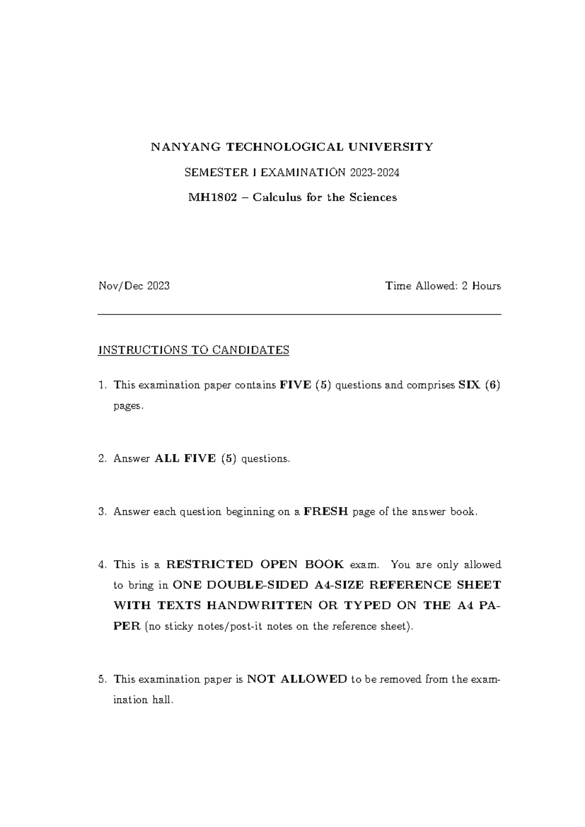 MH1802 AY2023/24 Final Exam Solutions for Calculus - Studocu