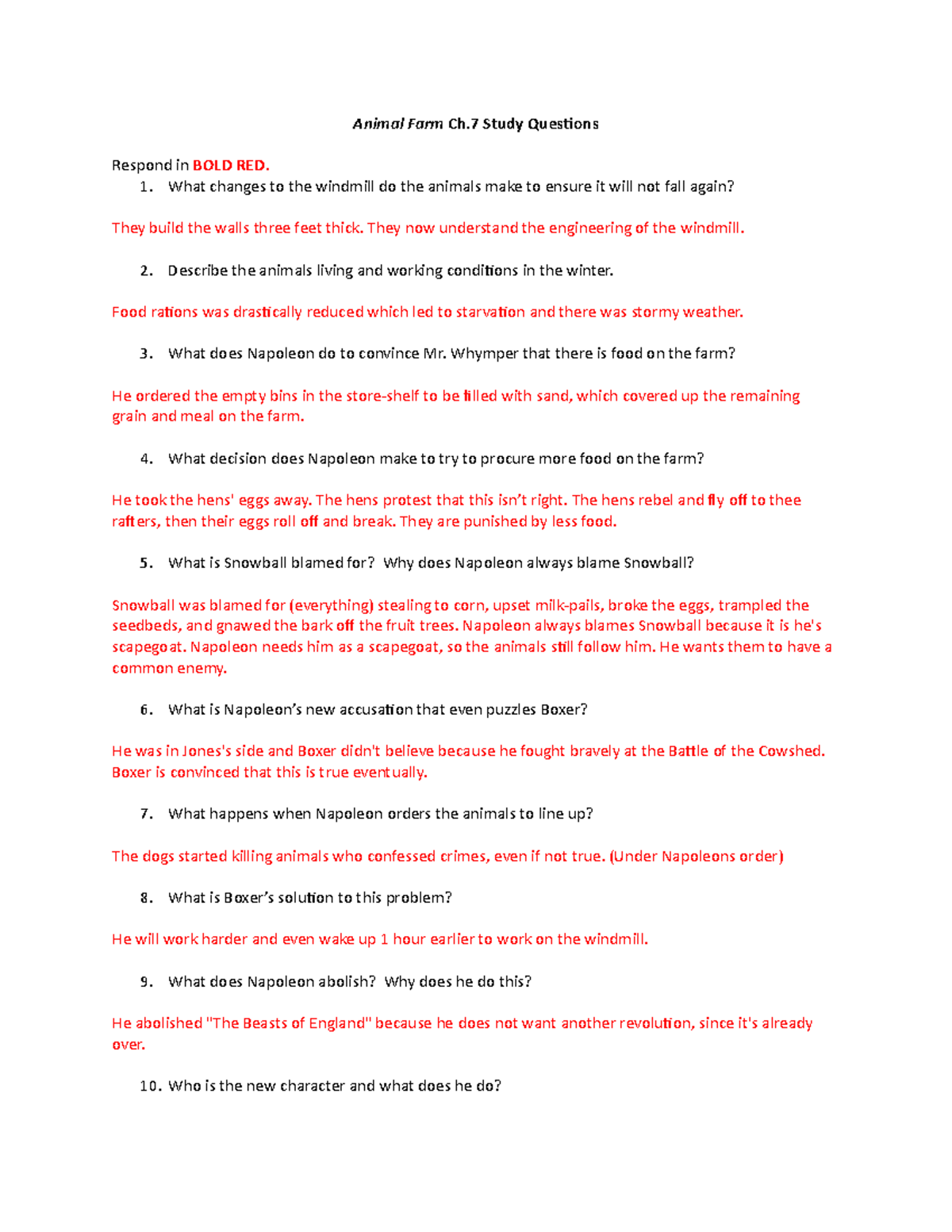 **Animal Farm (Ch. 7) Exam Study Questions and Answers** - Studocu