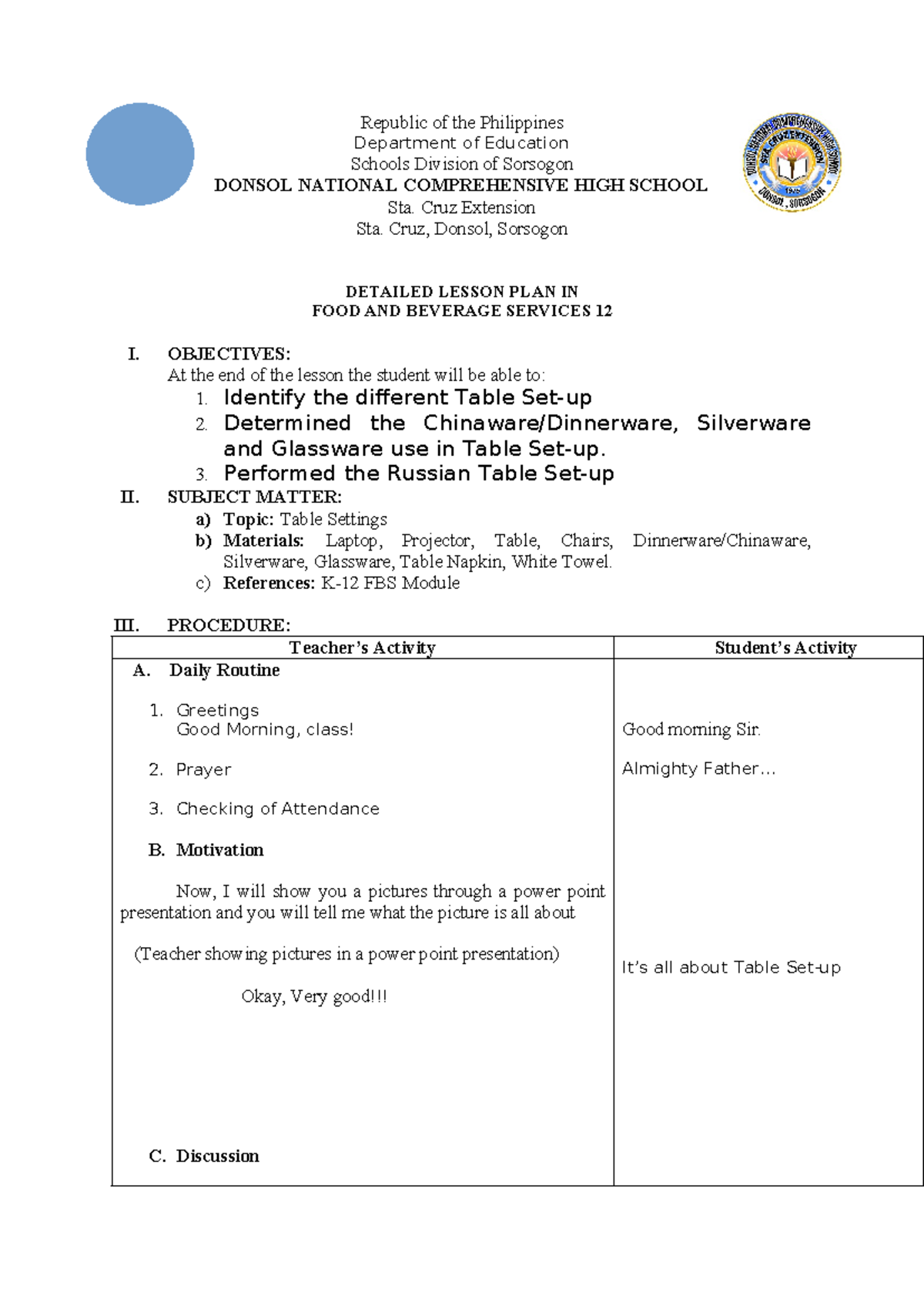 FBS 12 DLP-COT 2 - practice materials - Republic of the Philippines ...