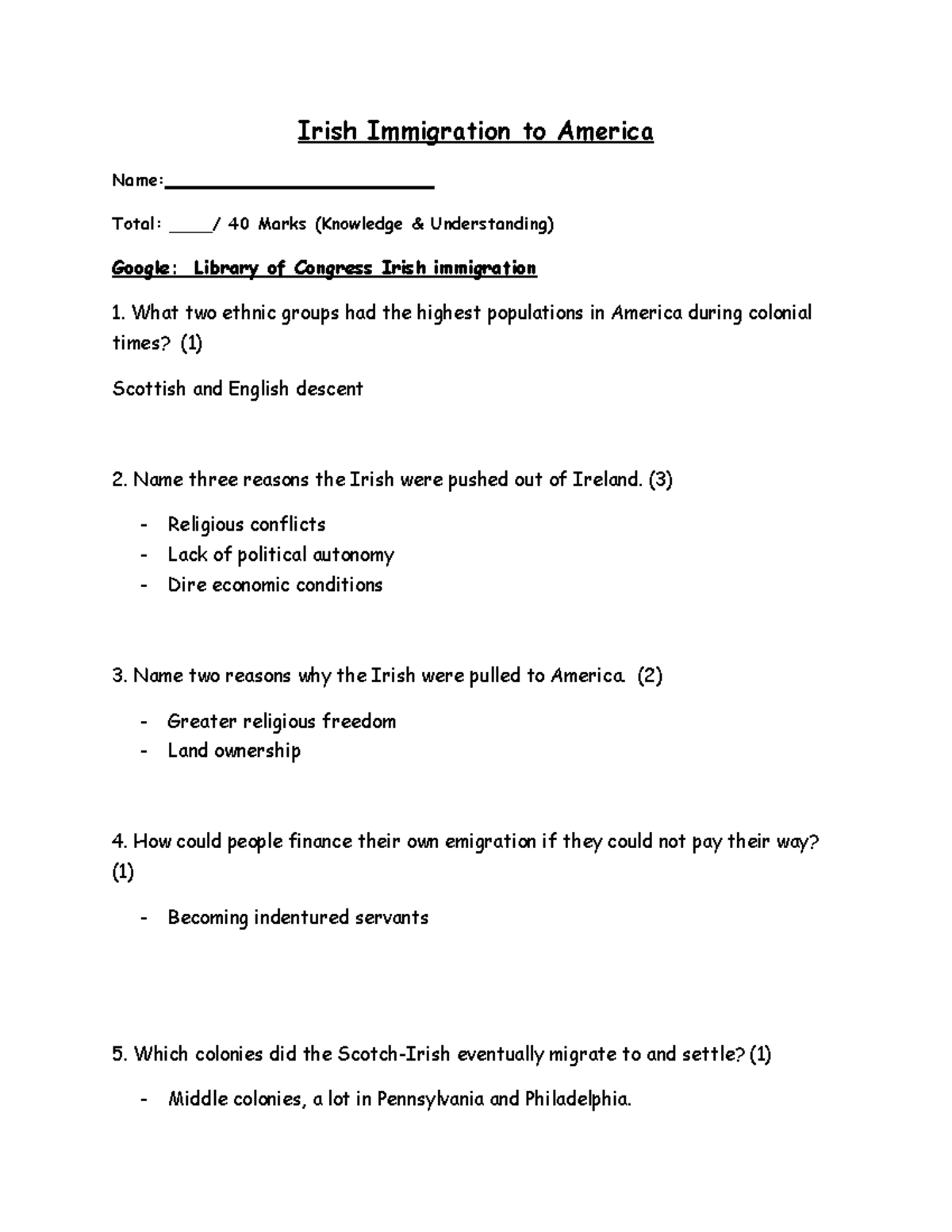 Copy of Irish Immigration - Irish Immigration to America Name ...