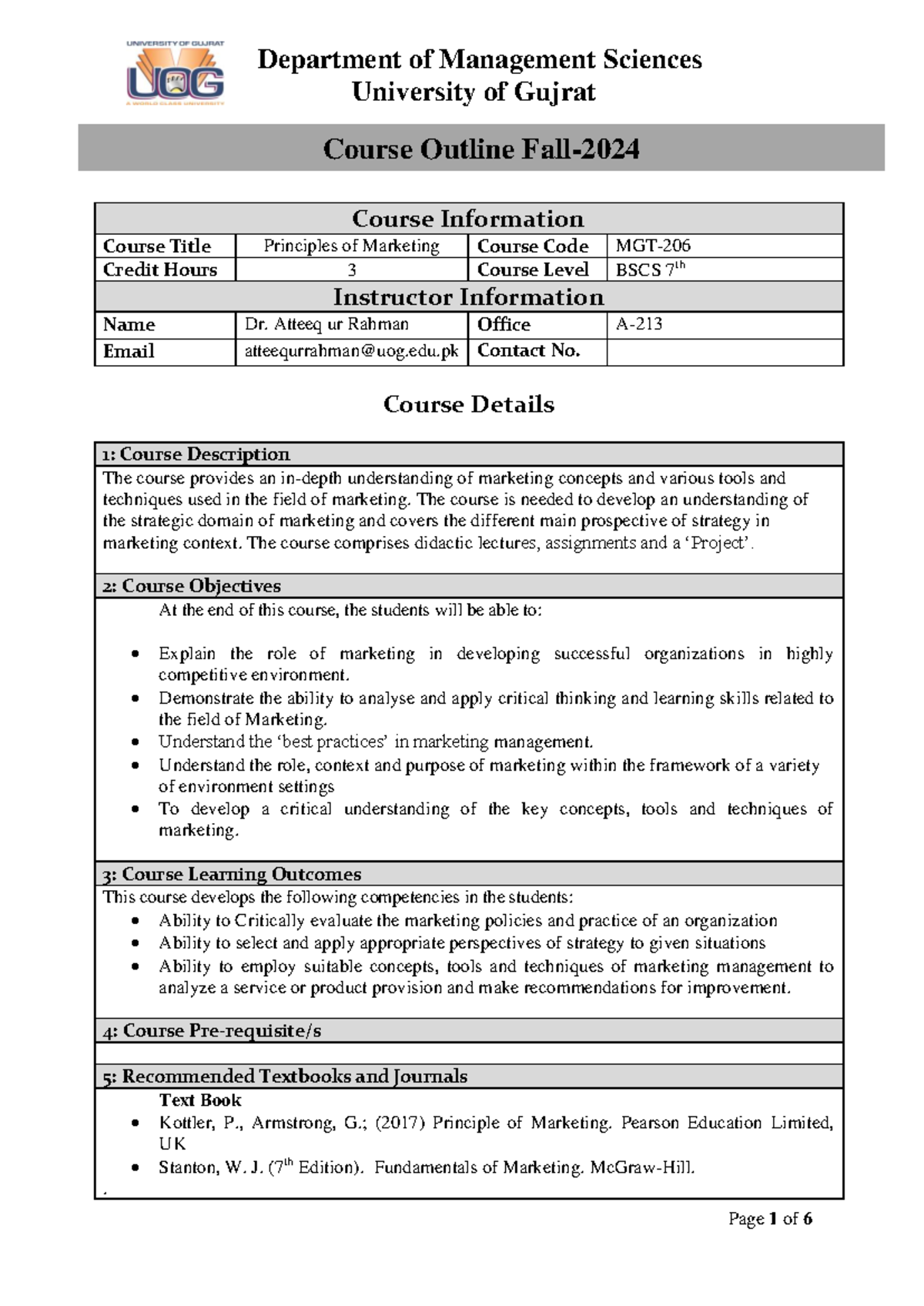 MGT-206 Course Outline: Principles of Marketing Overview and Details - Studocu