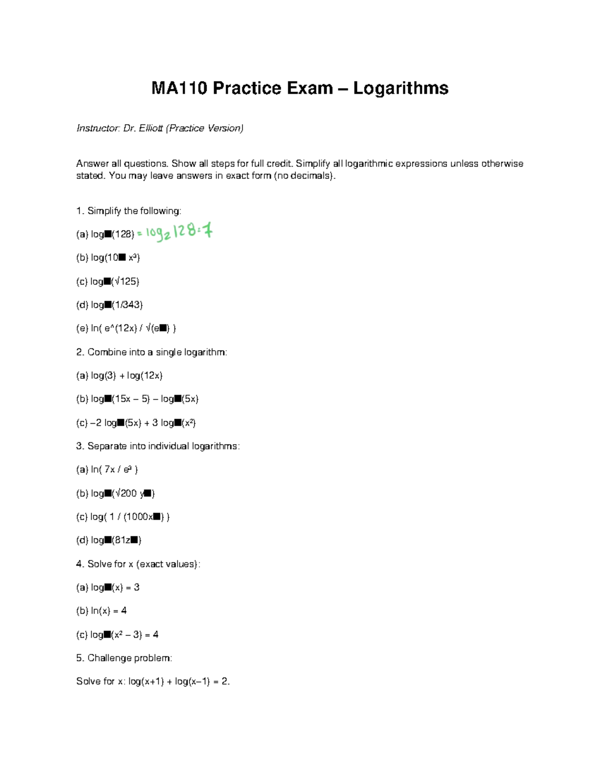 MA110 Logarithms Practice Exam - MA110 Practice Exam – Logarithms ...
