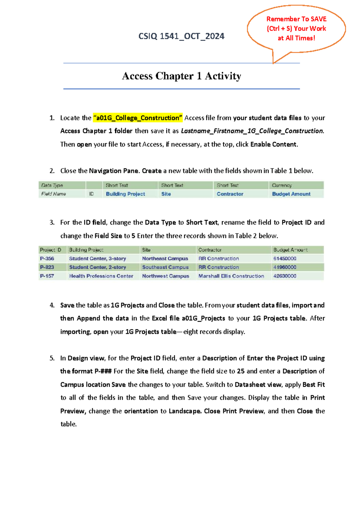 Access Chapter 1 and Chapter 2 Activities - CSIQ 1541_OCT_ Access ...
