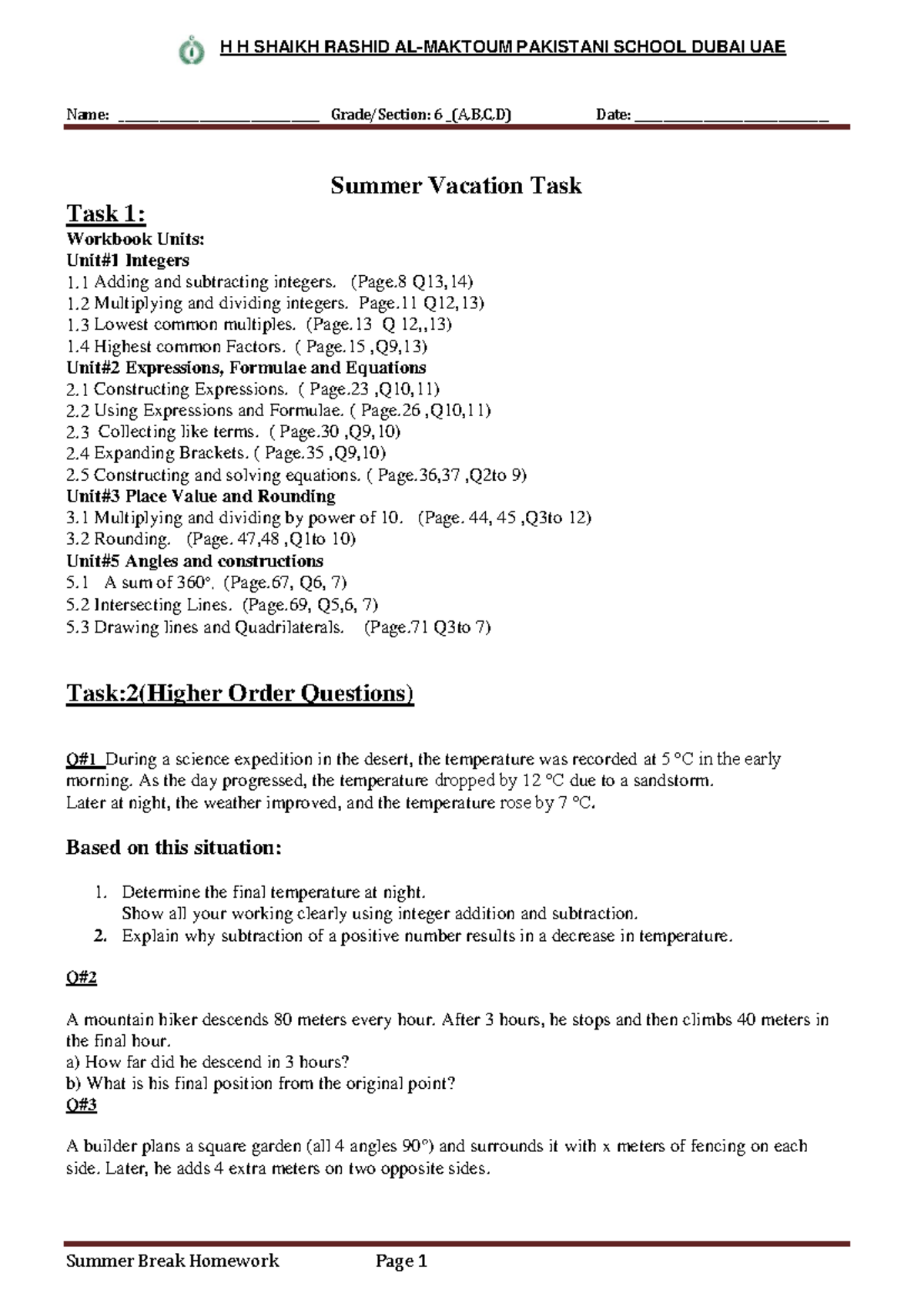 Summer Vacation Task for Grade 6 (2025) - Workbook Exercises - Studocu