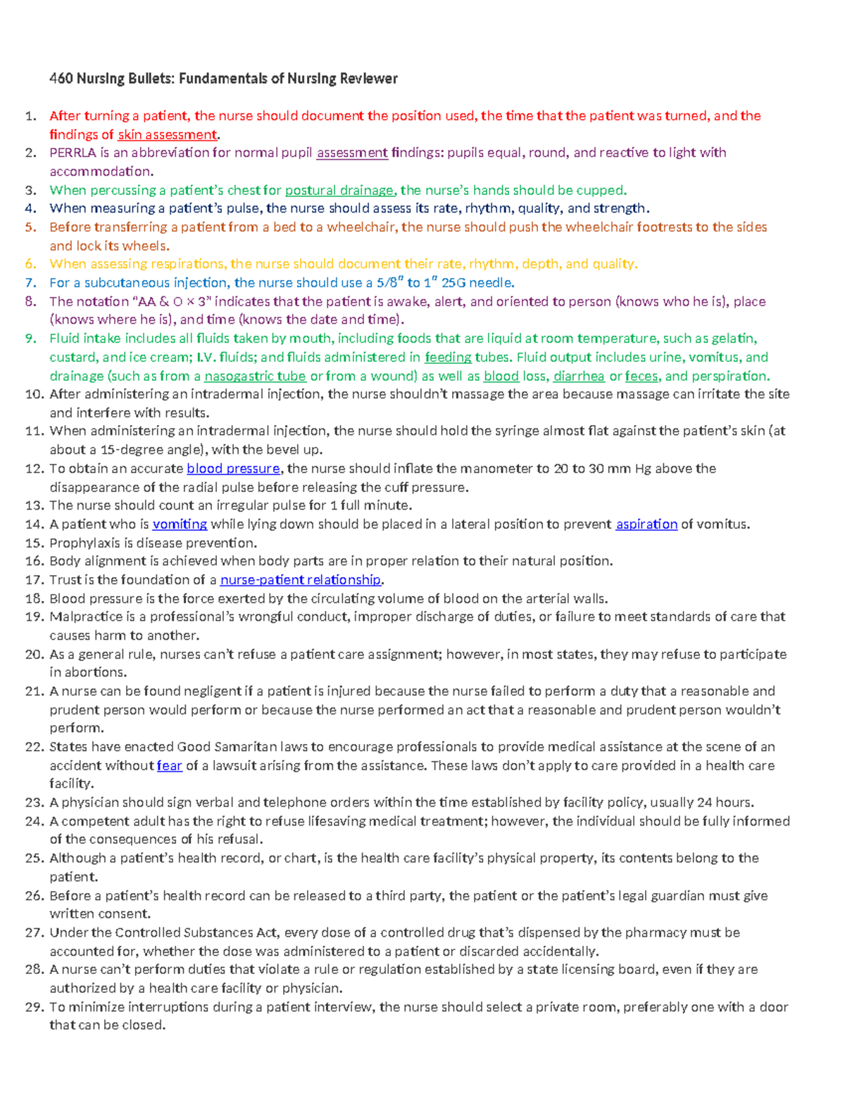 Fundamentals of Nursing Bullet Points - Reviewer 41724 - Studocu