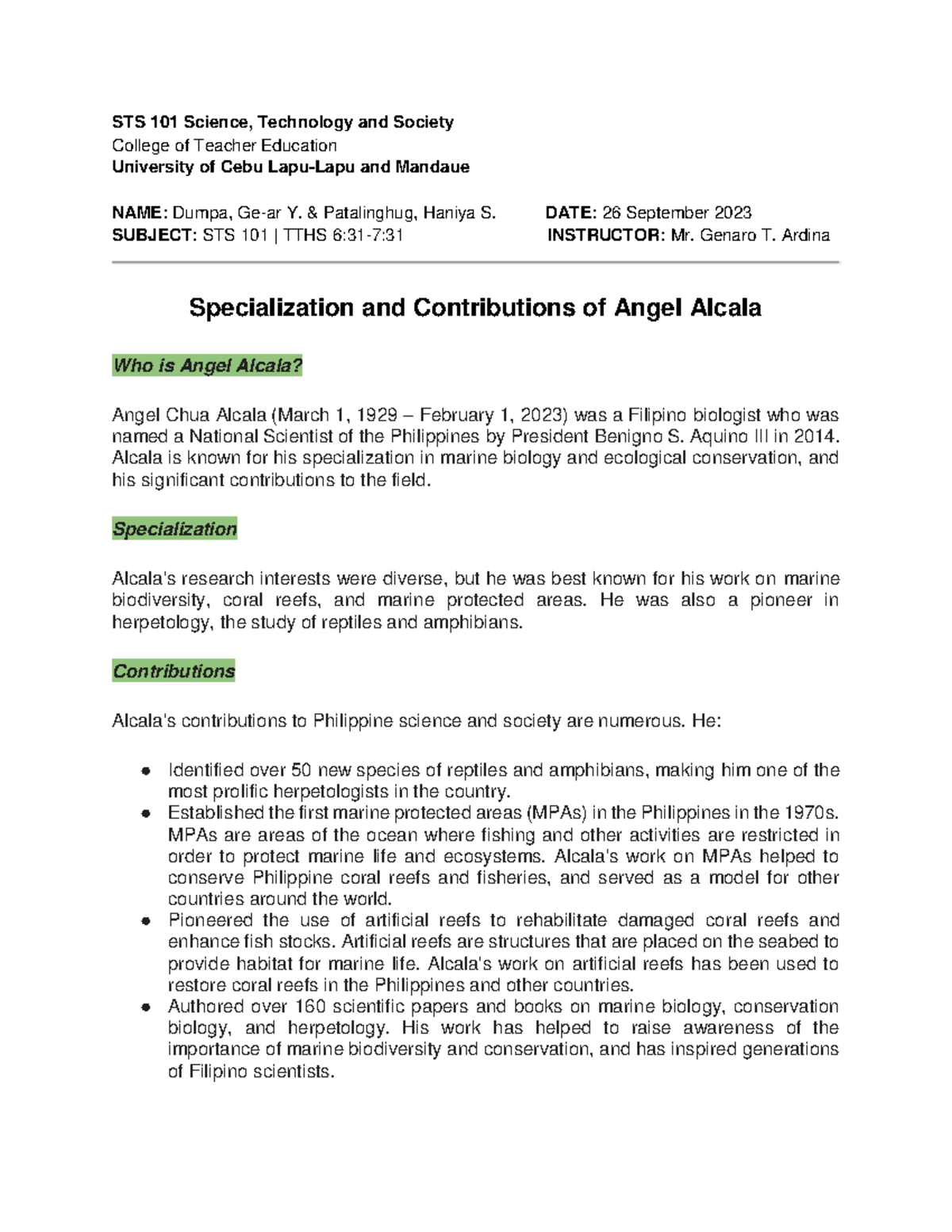 Specialization and Contributions of Angel Alcala - STS 101 Essay Notes ...