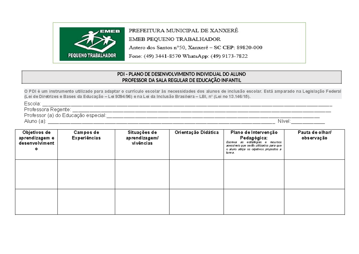 PDI-Modelo de Desenvolvimento Individual na Educação Infantil - Studocu