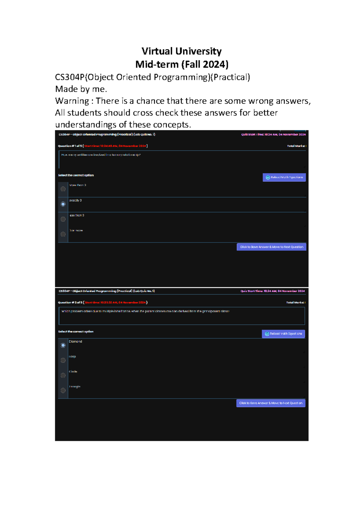 CS304P Midterm MCQ's Fall 2024 - Object Oriented Programming (Practical ...