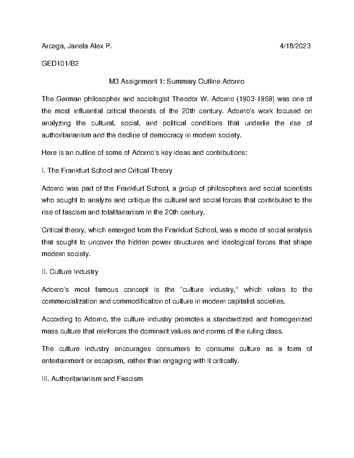 Arcega M3 Assignment 1 Summary Outline Adorno - Arcega, Janela Alex P ...