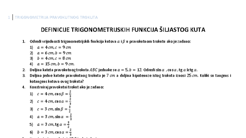 Trigonometrija Pravokutnog Trokuta - Vježbe i Definicije - Studocu