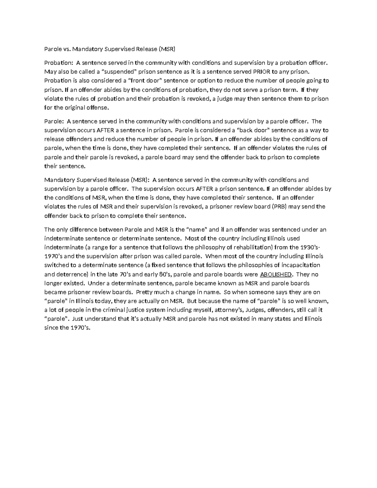 Comparing Parole and Mandatory Supervised Release (MSR) Concepts - Studocu