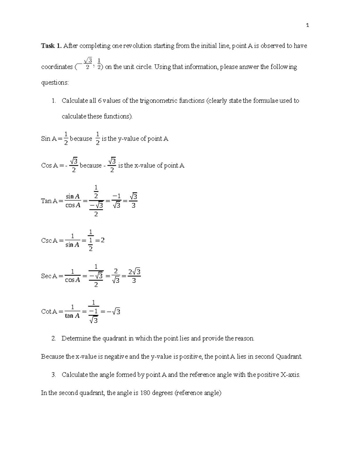 College Algebra - Math Assignment Unit 6: Trigonometric Functions and ...