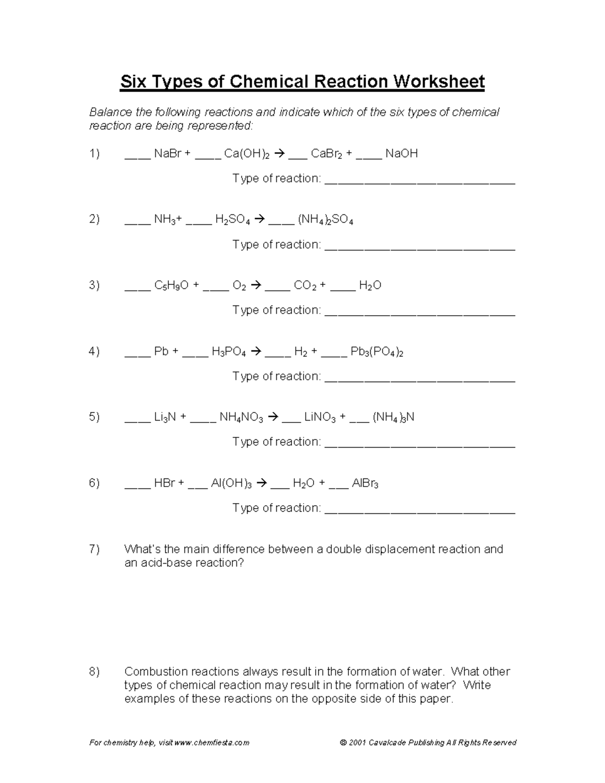 CHEM 101: Worksheet on 6 Types of Chemical Reactions - Studocu