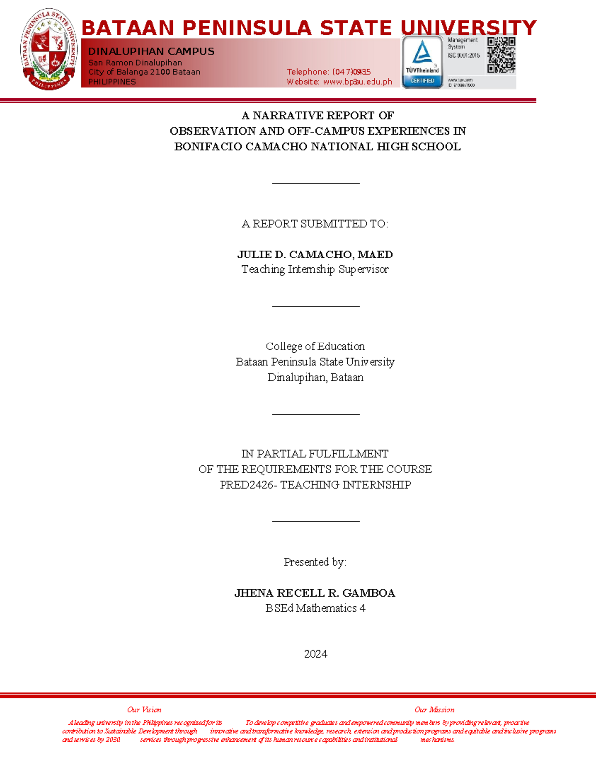 Narrative Report on Off-Campus Observation: PRED2426 Teaching ...