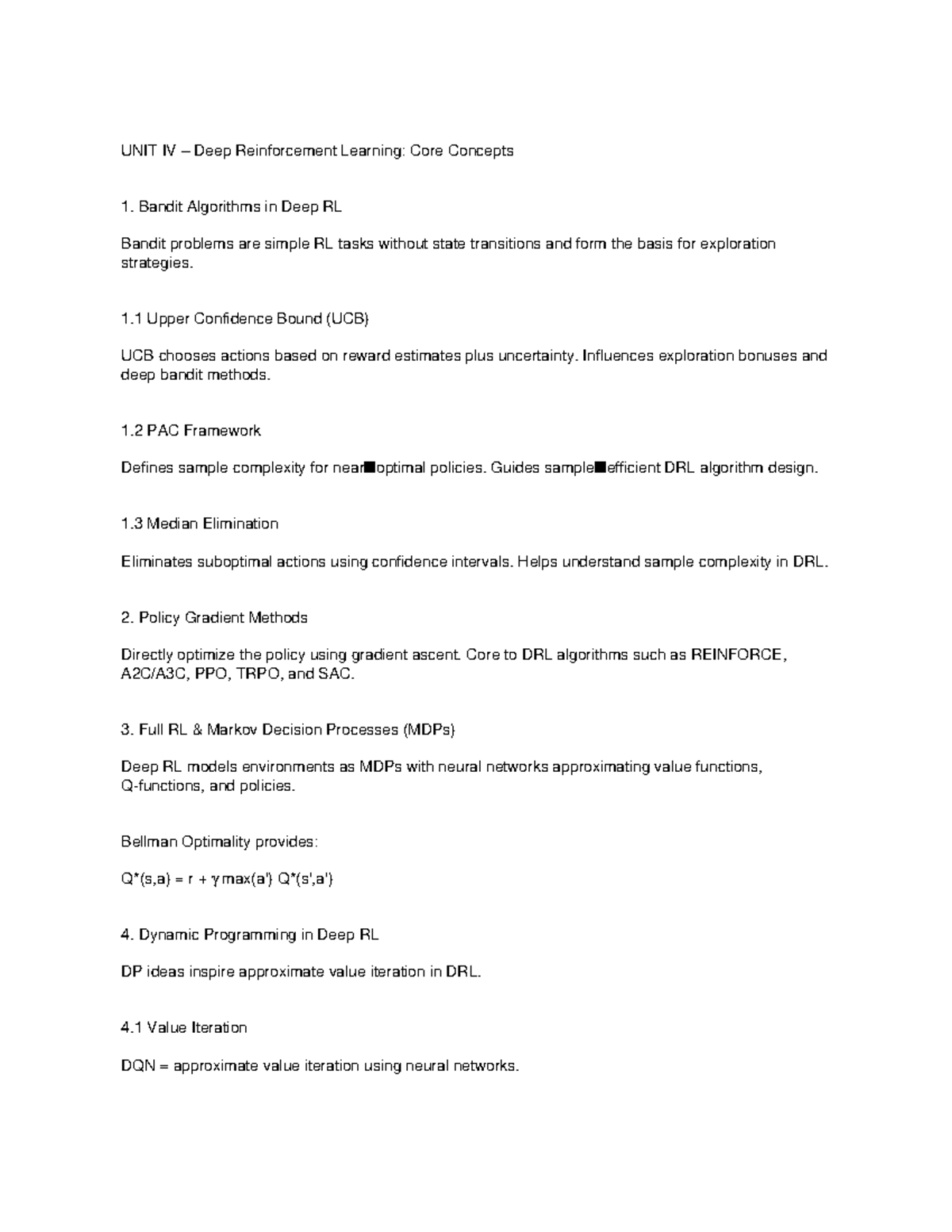 Unit IV Deep Reinforcement Learning - Key Concepts & Notes - Studocu