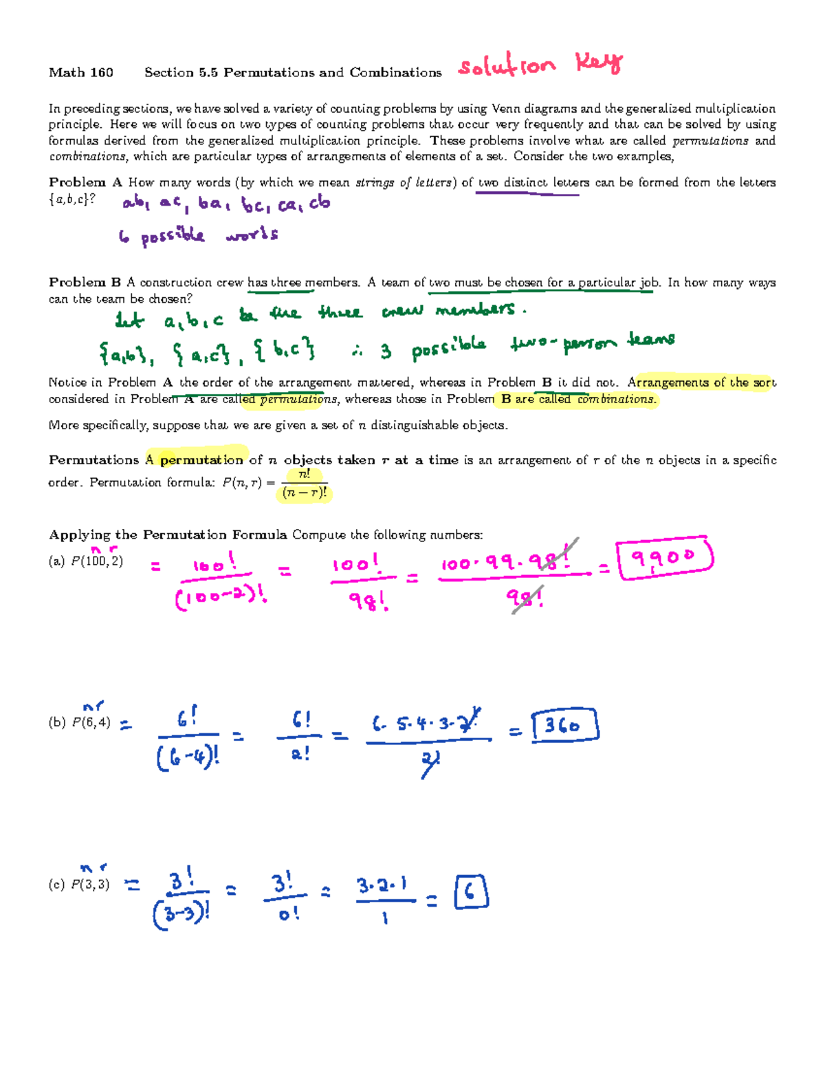 Math 160 Final Exam Notes: Understanding Permutations & Combinations ...