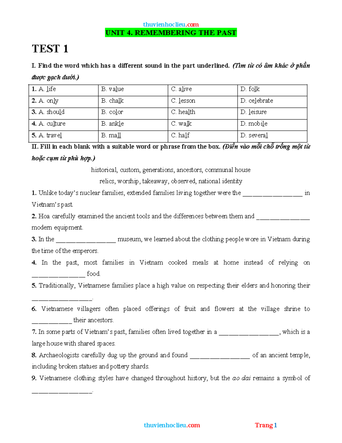 Thuvienhoclieu.com UNIT 4: Remembering the Past - Test 1 & 2 - Studocu