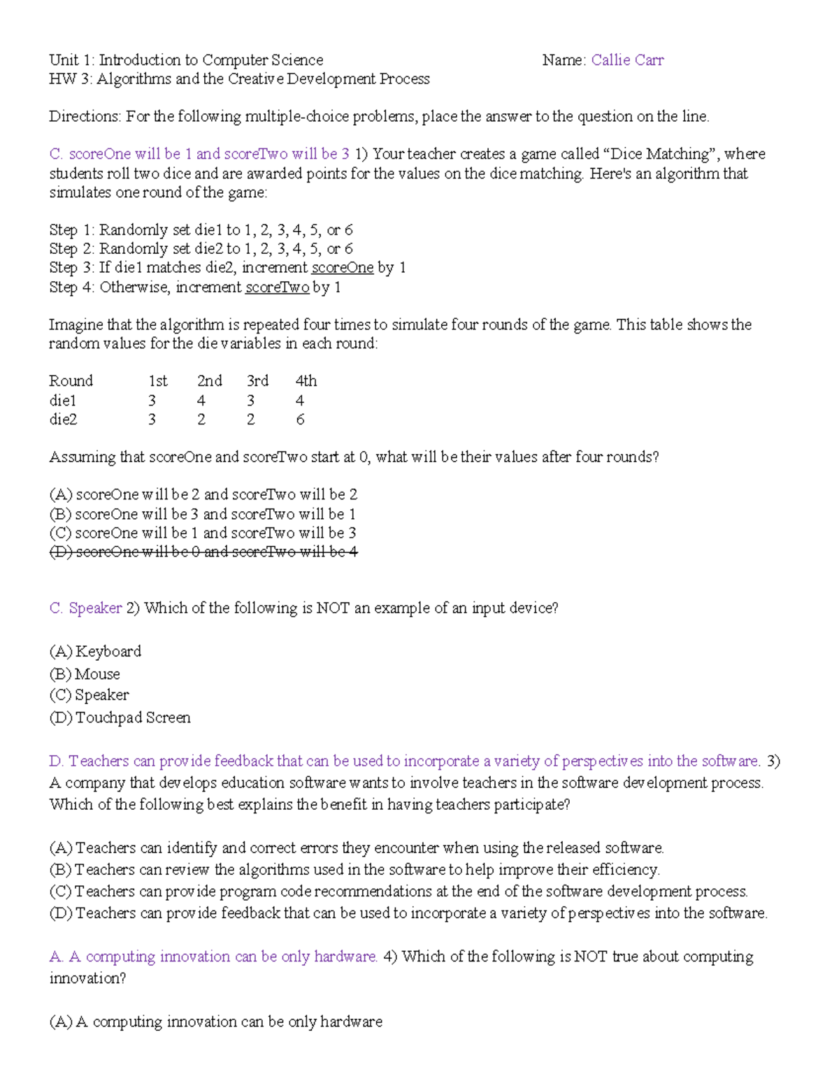 Formative #4 CS Algorithm Practice: Dice Matching and Tech Input - Studocu