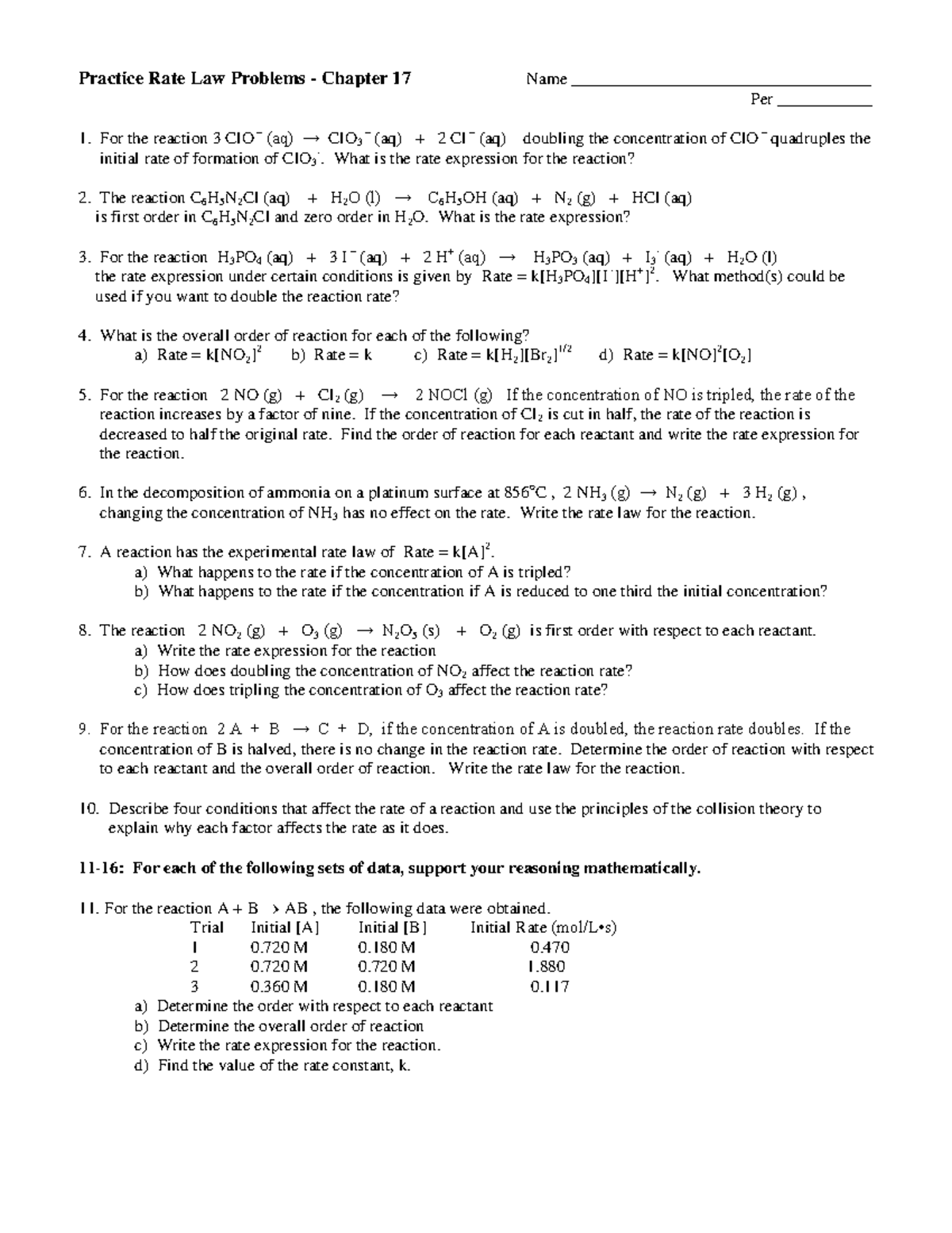 Rate Laws Practice Problems - Chapter 17 - Studocu