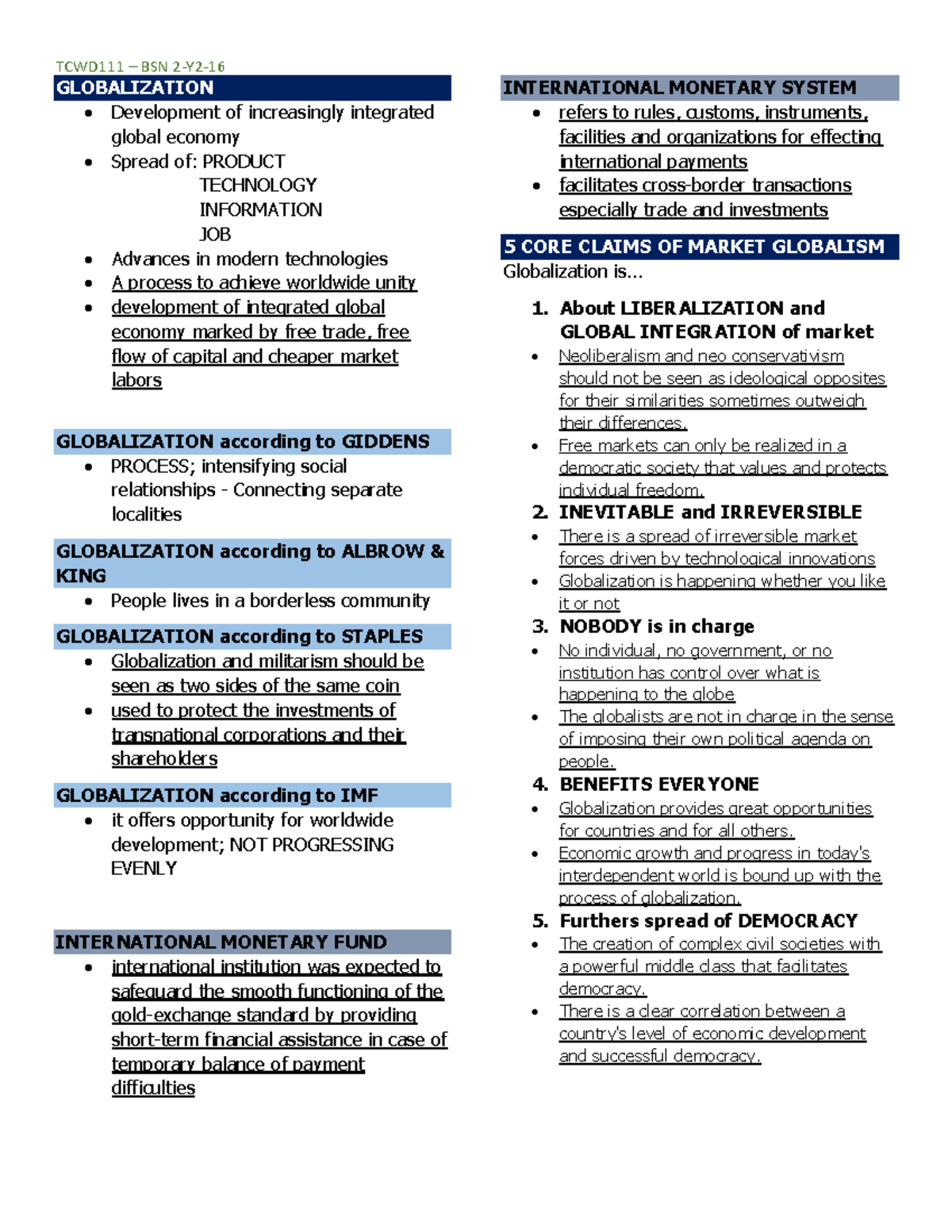BSN GLOBALIZATION: Key Concepts and Market Integration Insights - Studocu