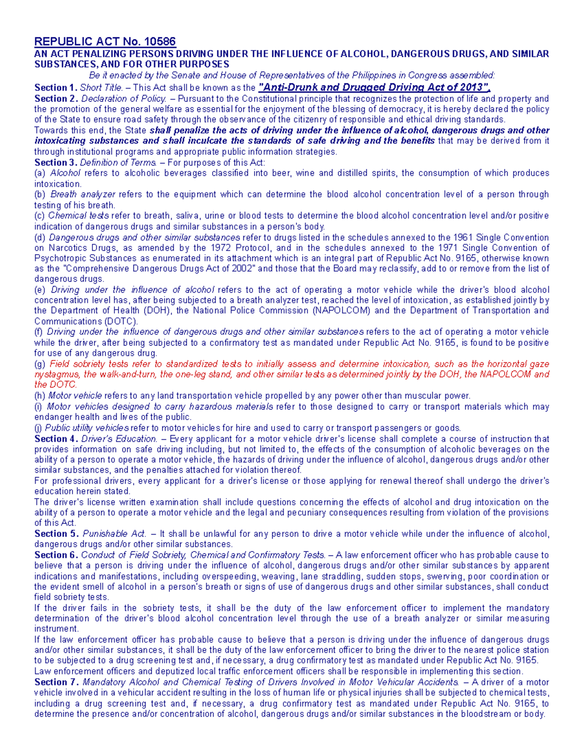 RA 10586 - Anti-Drunk and Drugged Driving Act Overview - Studocu