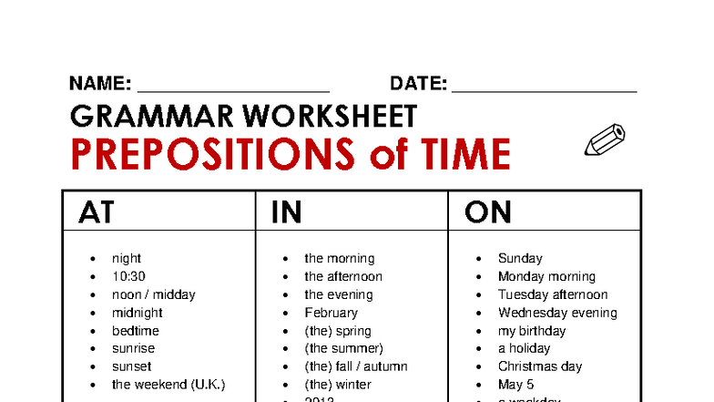 Grammar Worksheet: Prepositions of Time (ATG 2022012) - Studocu