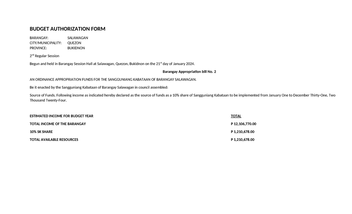 Barangay Budget Authorization Form for SK - Salawagan, Quezon - Studocu