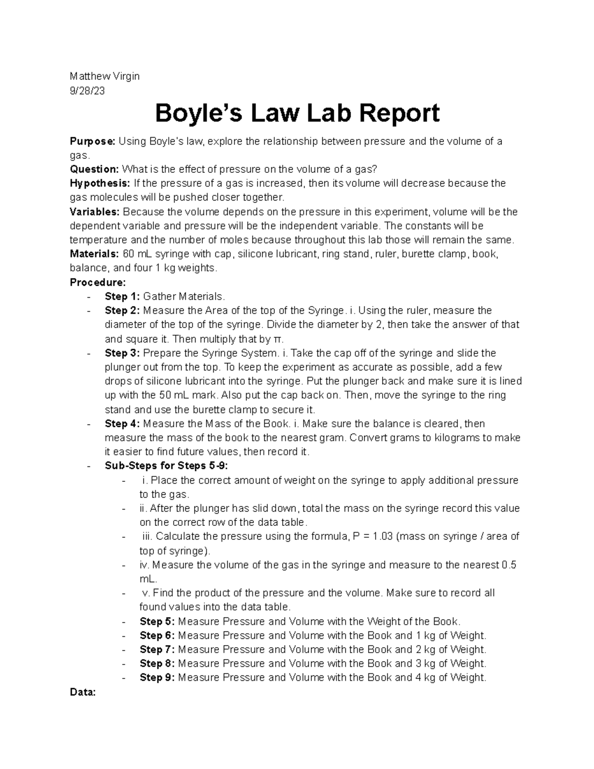 Boyle's Law Lab Report - Exploring Pressure-Volume Relationship - Studocu