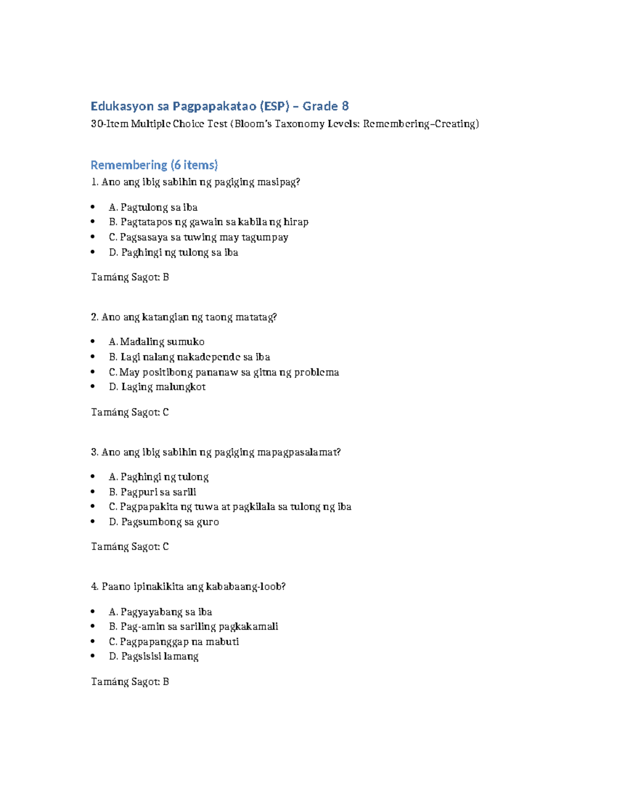 ESP Grade 8 Multiple Choice Test with Taxonomy Levels - Studocu
