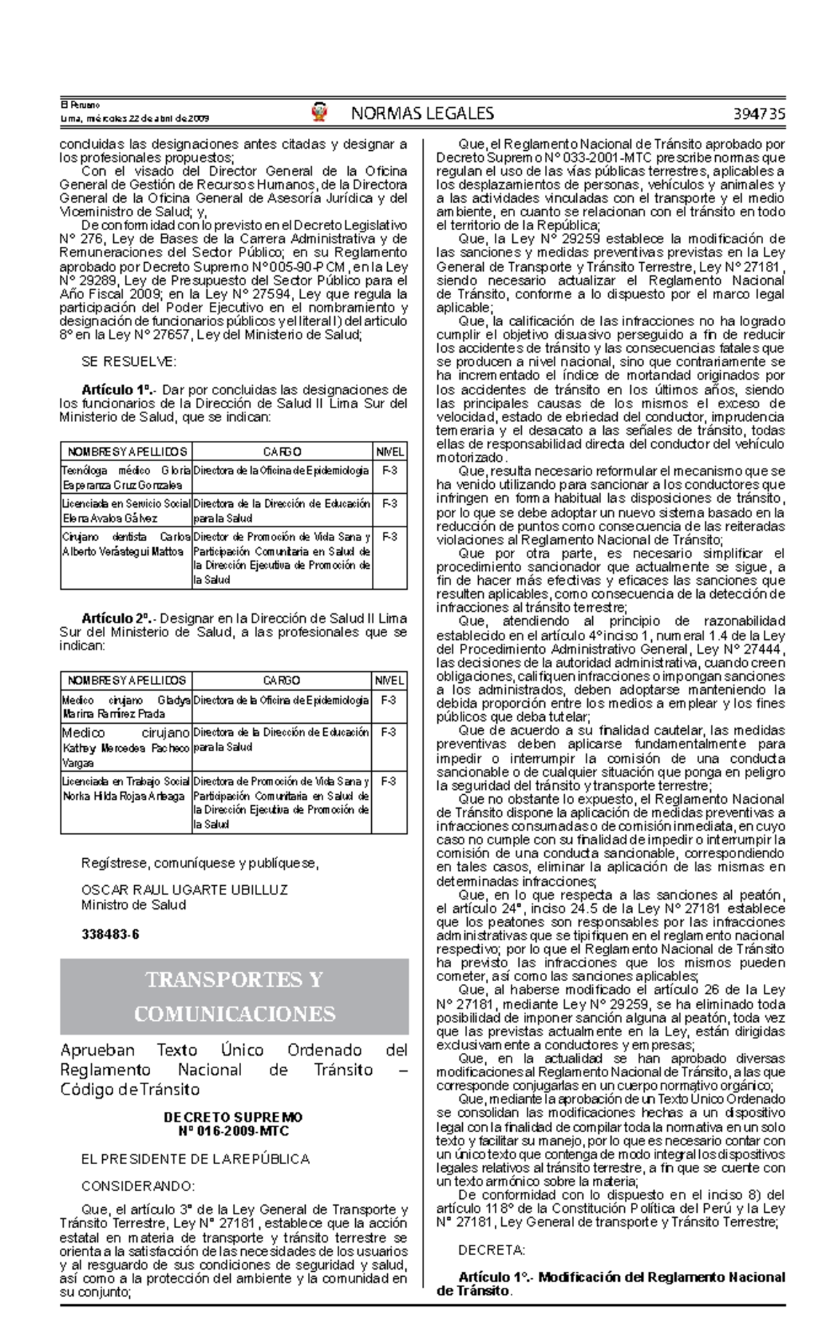 Decreto Supremo N° 016-2009-MTC: Modificaciones al Reglamento Nacional ...