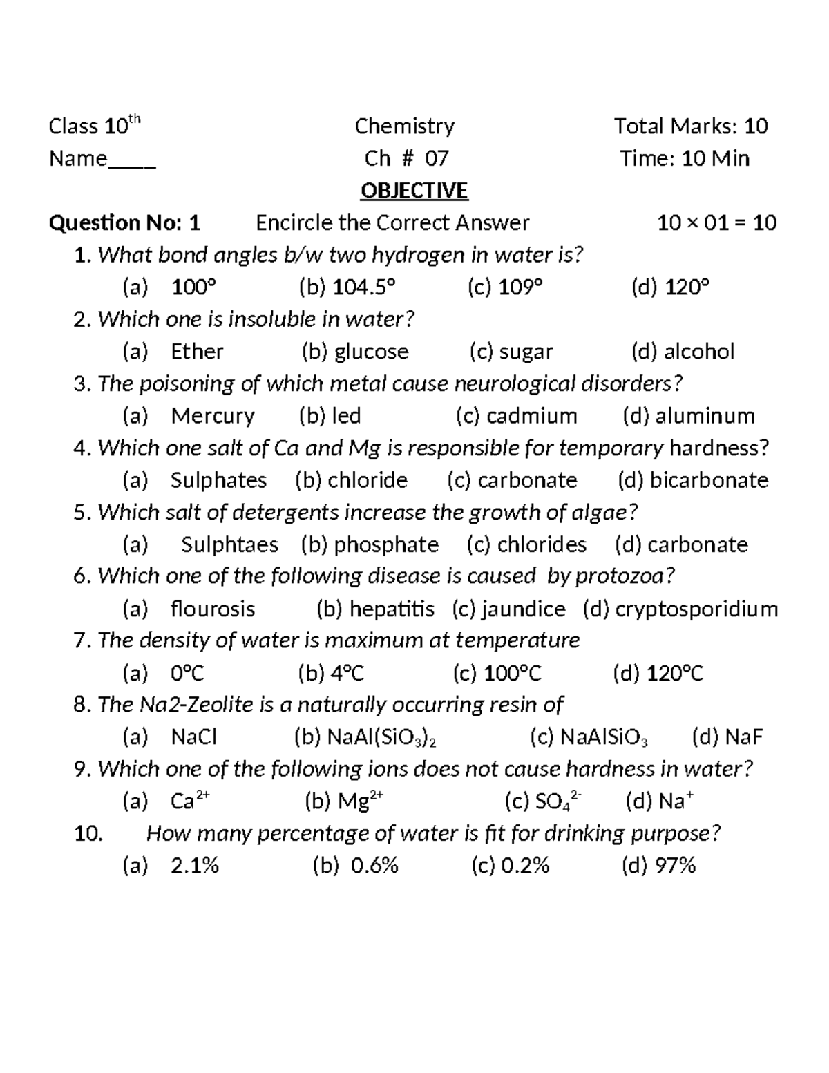 10th Chemistry Quiz: Chapter 7 Objective Questions - Studocu